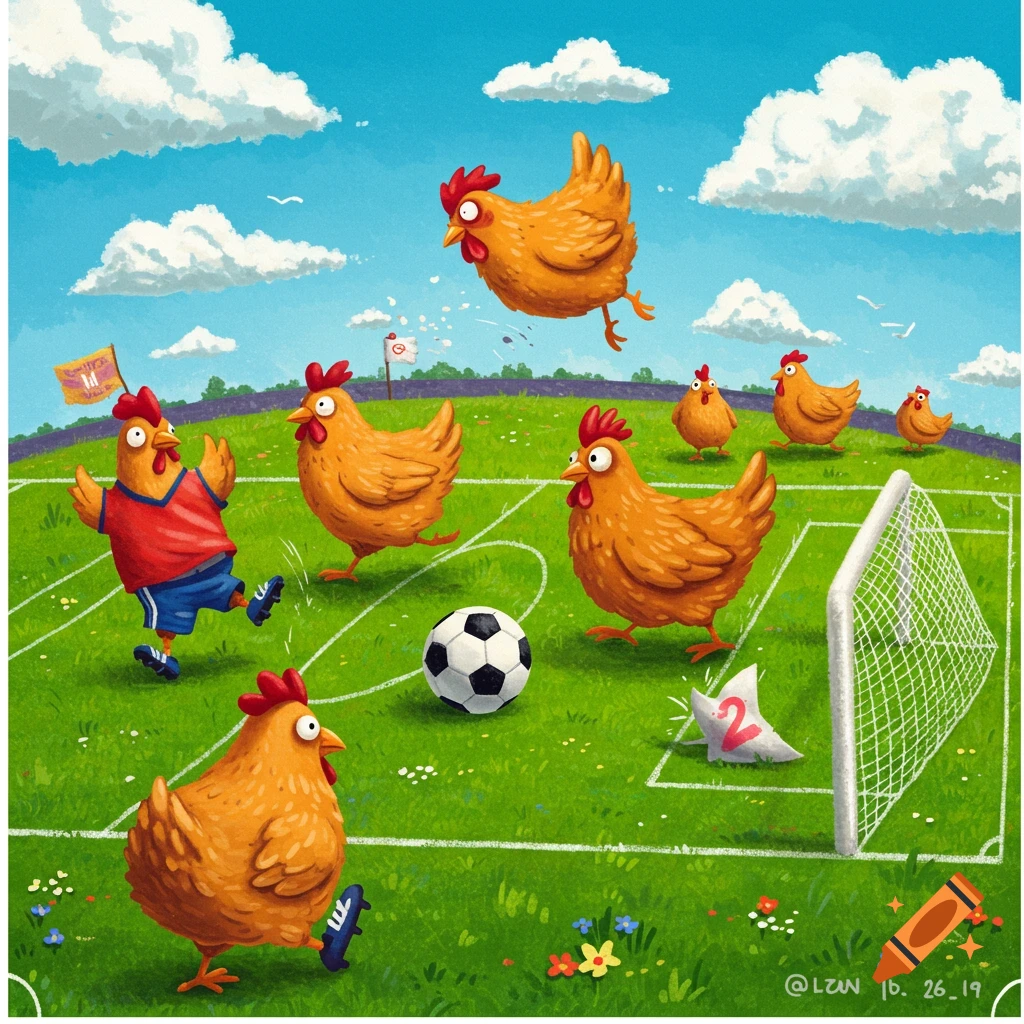 Cartoon falcon playing soccer with chickens on a field on Craiyon