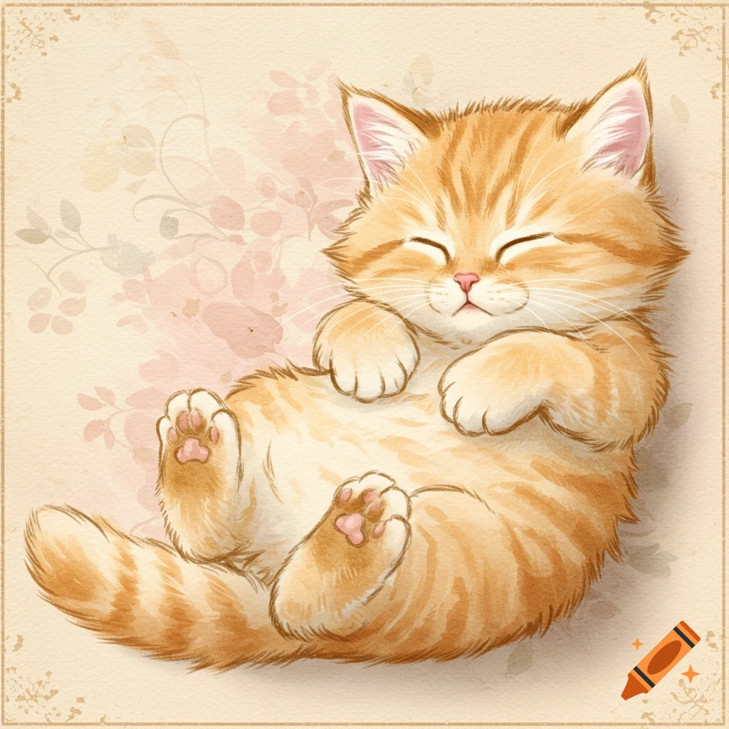 Watercolor clip art of an orange tabby kitten sleeping on its back. on ...