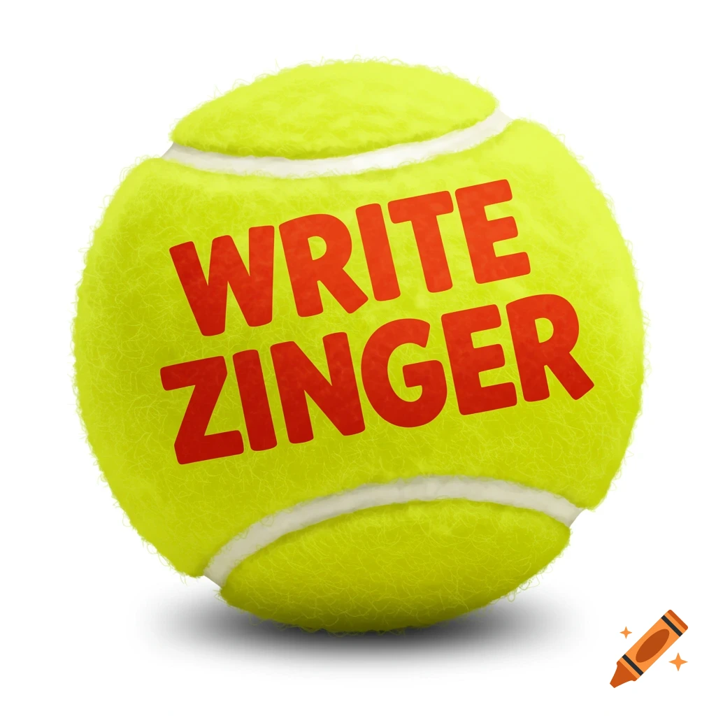 A bright yellow tennis ball with the words WRITE ZINGER in red capital ...