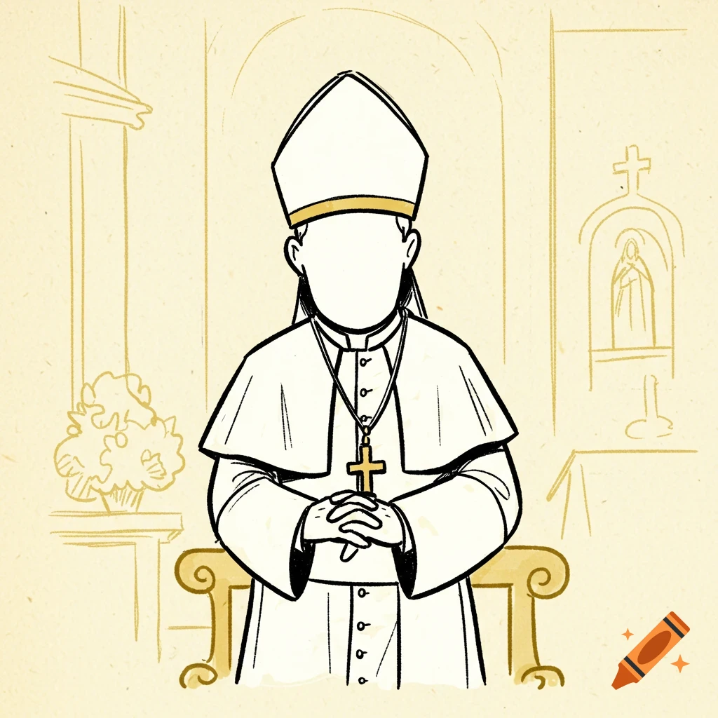 1960s cartoon sketch of a faceless Pope in religious garments standing ...