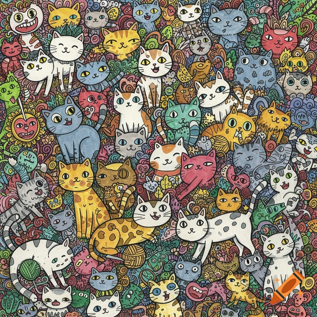Mr. Doodle Sam Cox style drawing of various cats on Craiyon