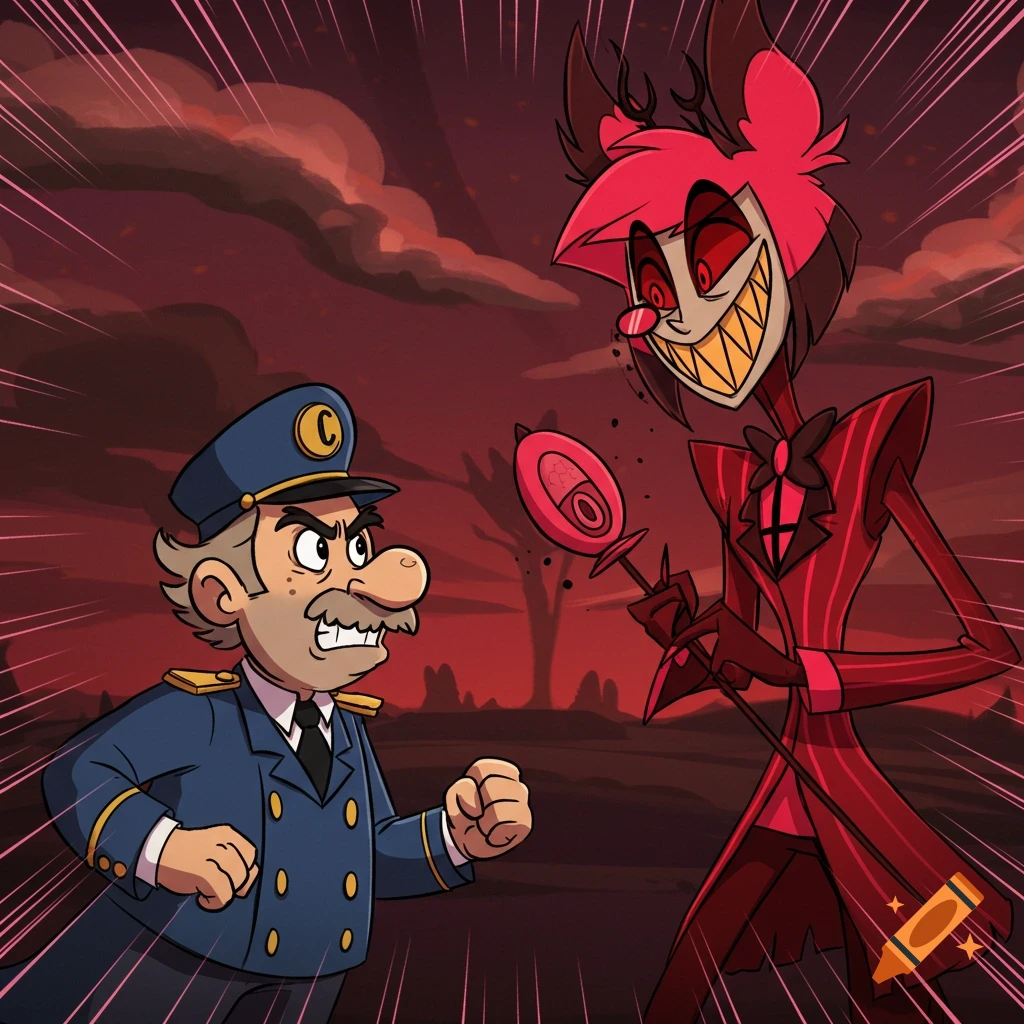 Mr. Conductor faces Alastor with a dramatic red sky. on Craiyon