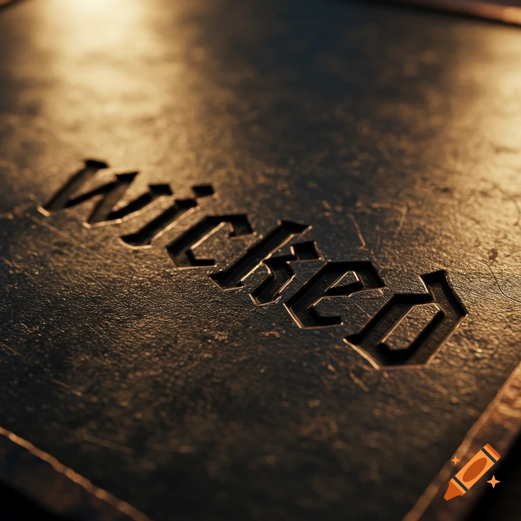 The word Wicked carved into a dark, textured surface with dramatic ...