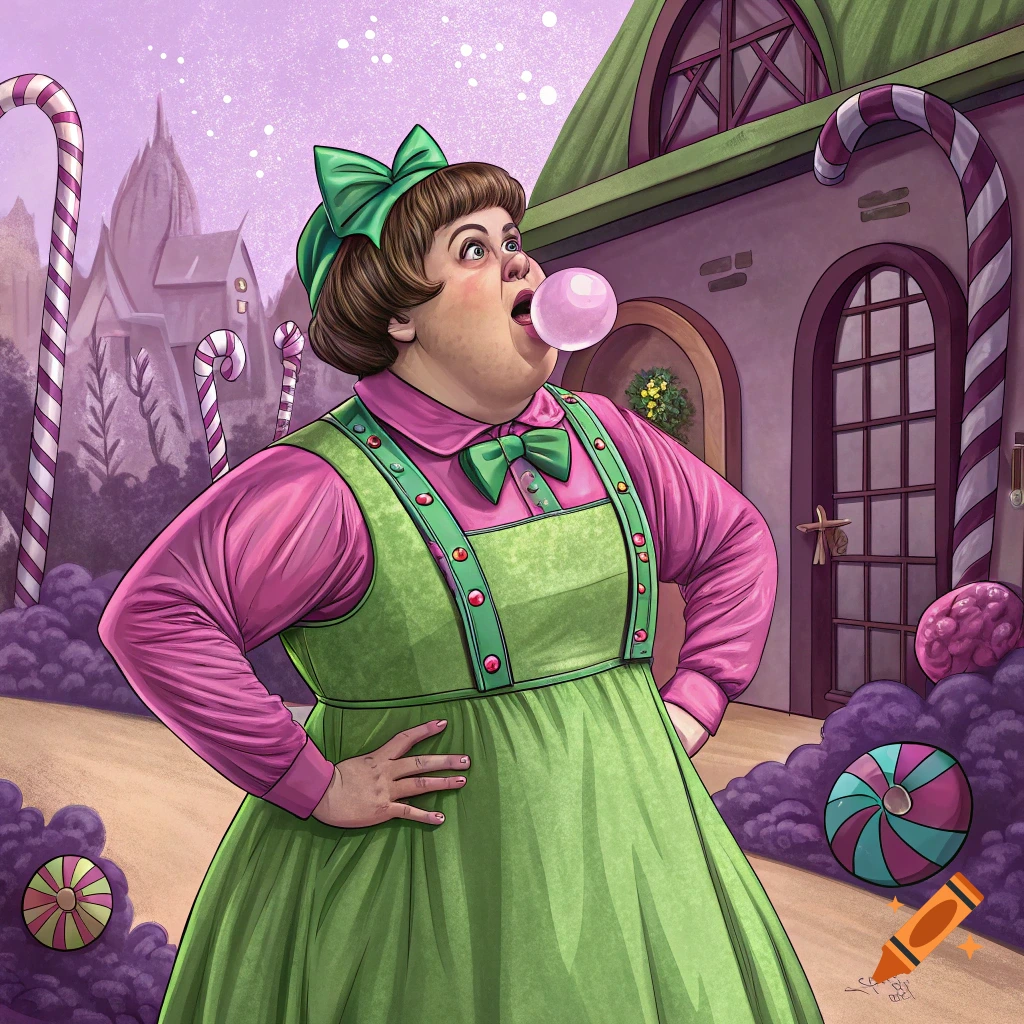 Kevin Owens cosplaying as Violet Beauregarde on Craiyon