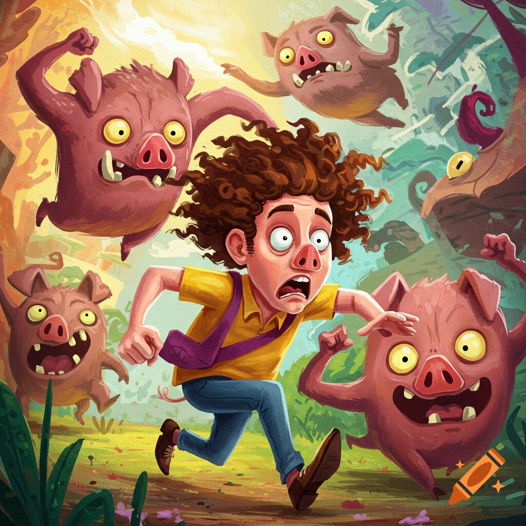 Illustration of a boy with a pig nose running away from cartoon pig ...