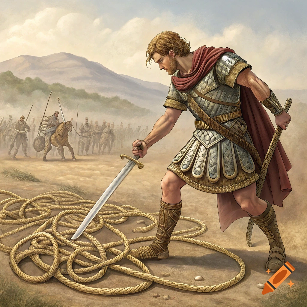 Alexander the Great slicing the Gordian Knot on Craiyon