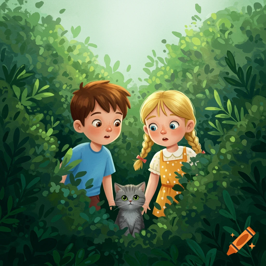Two children and a cat peer through dense green bushes in a whimsical ...