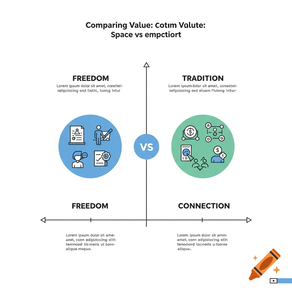 Side-by-side chart comparing freedom vs tradition and space vs ...