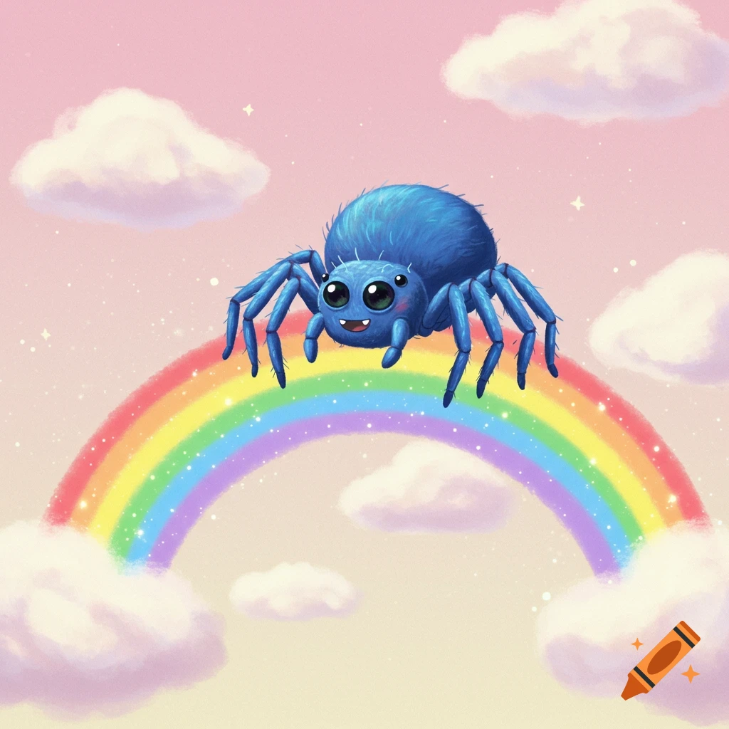 A fluffy blue spider sits in a garden among pink and yellow flowers ...