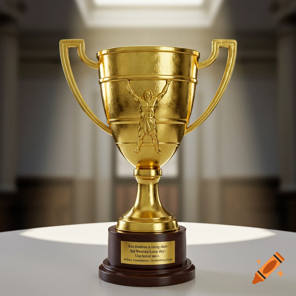 A golden trophy on a wooden base with a plaque on a table. on Craiyon