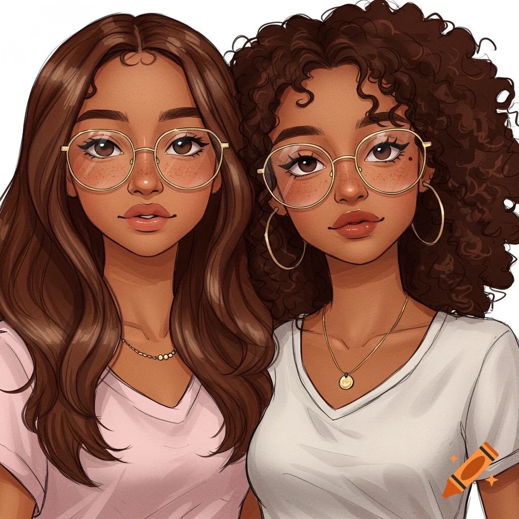 Cartoon portrait of two young women with brown skin and glasses, one ...