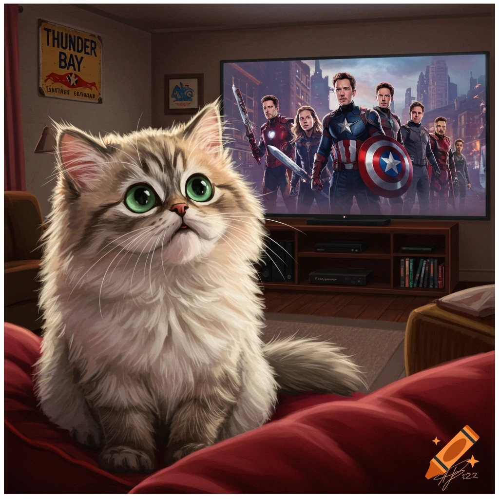 A fluffy cat sits on a red cushion, watching a superhero movie on a ...