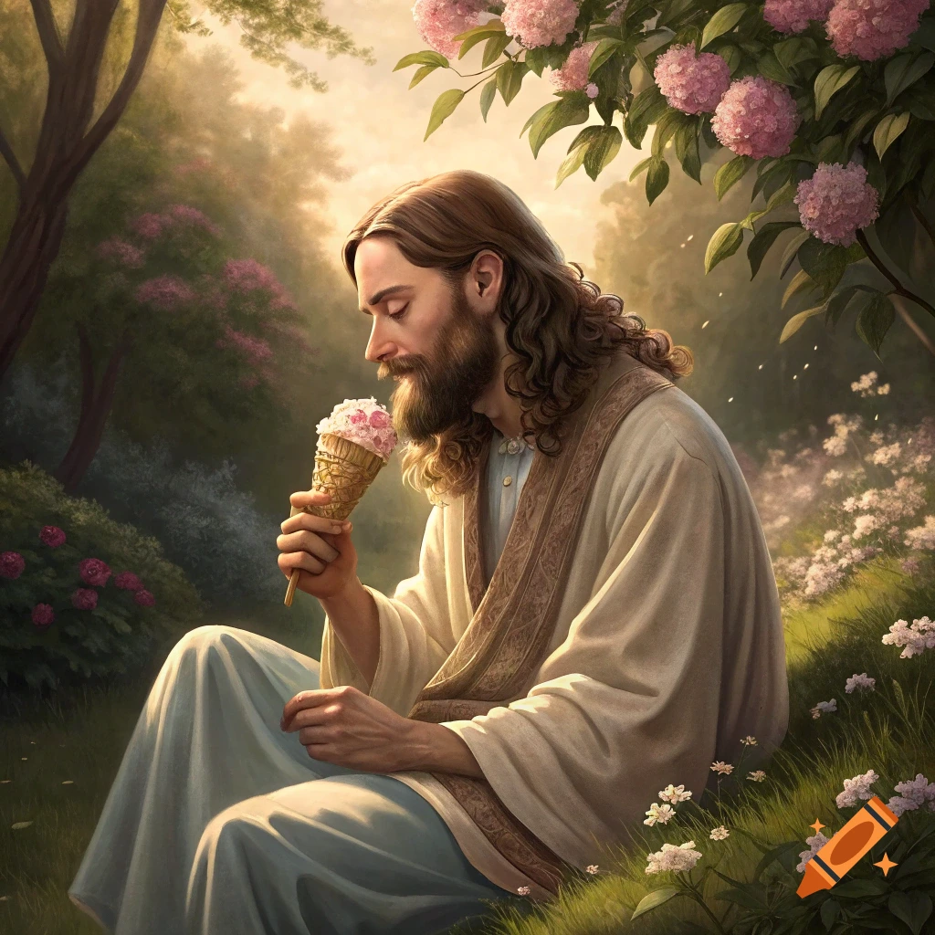 Painting of Jesus sitting in a garden and eating a pink ice cream cone ...