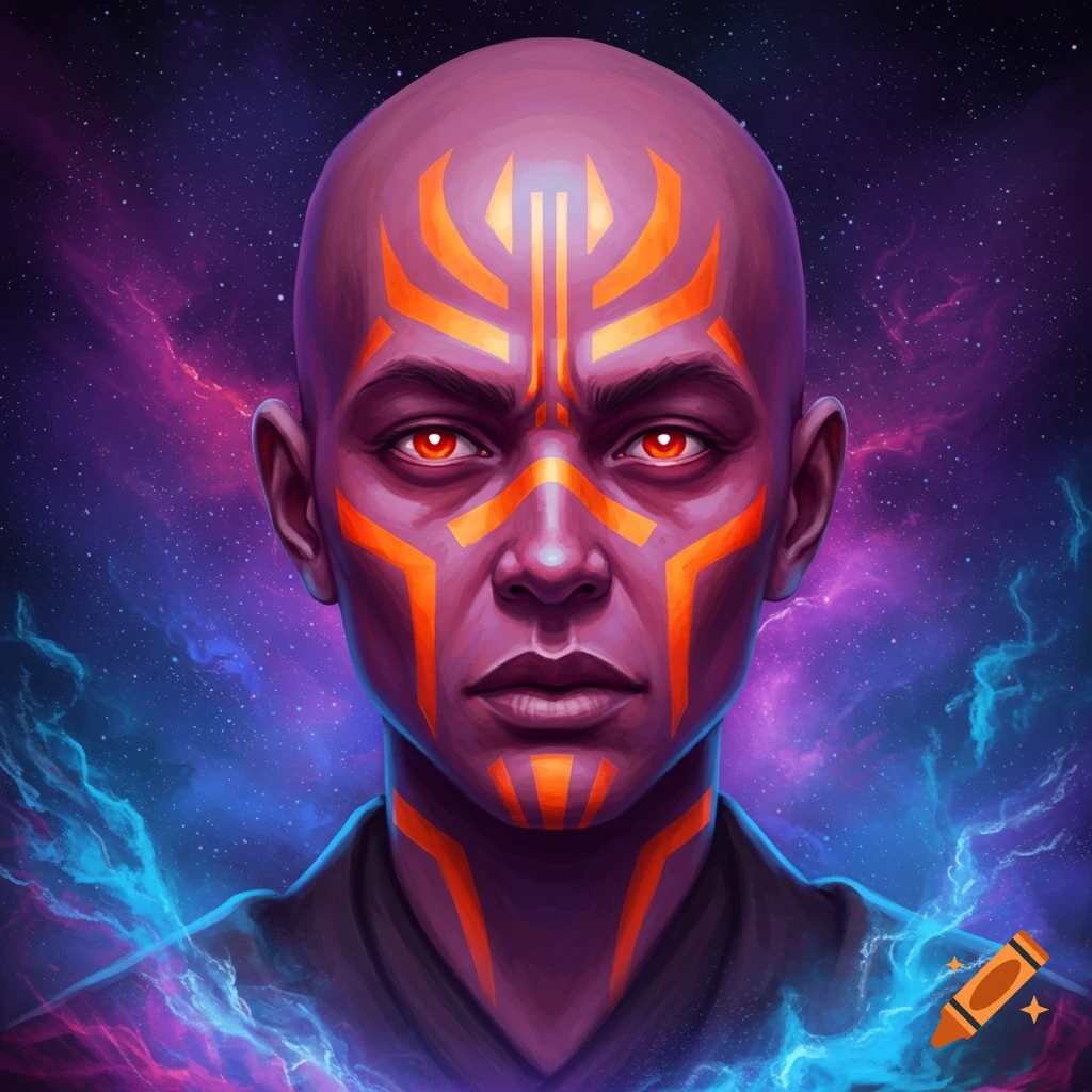 Kiffar Jedi with orange lightsaber and face tattoos on Craiyon