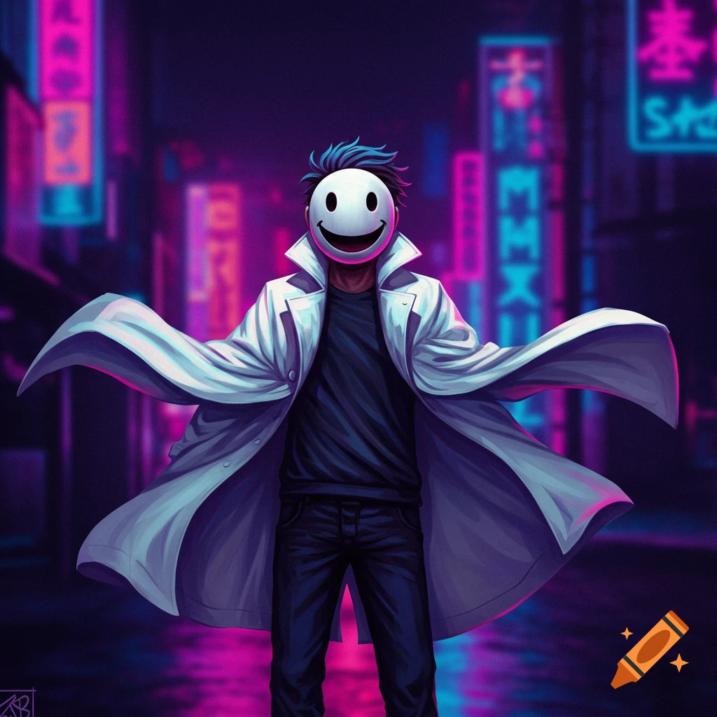 Anime man with white trench coat and smiley face mask on Craiyon
