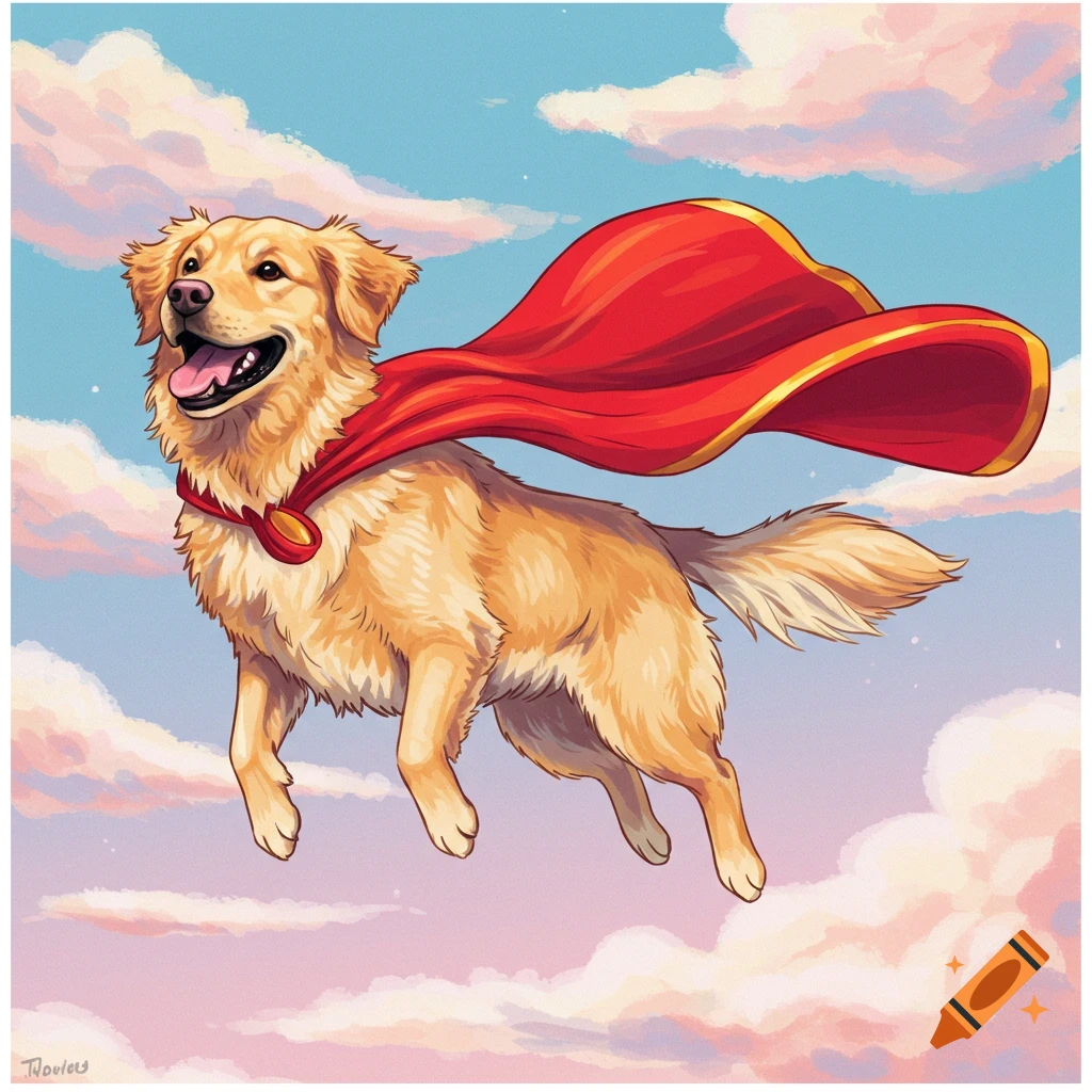 Happy golden retriever dog flying through a cloudy sky, illustration ...