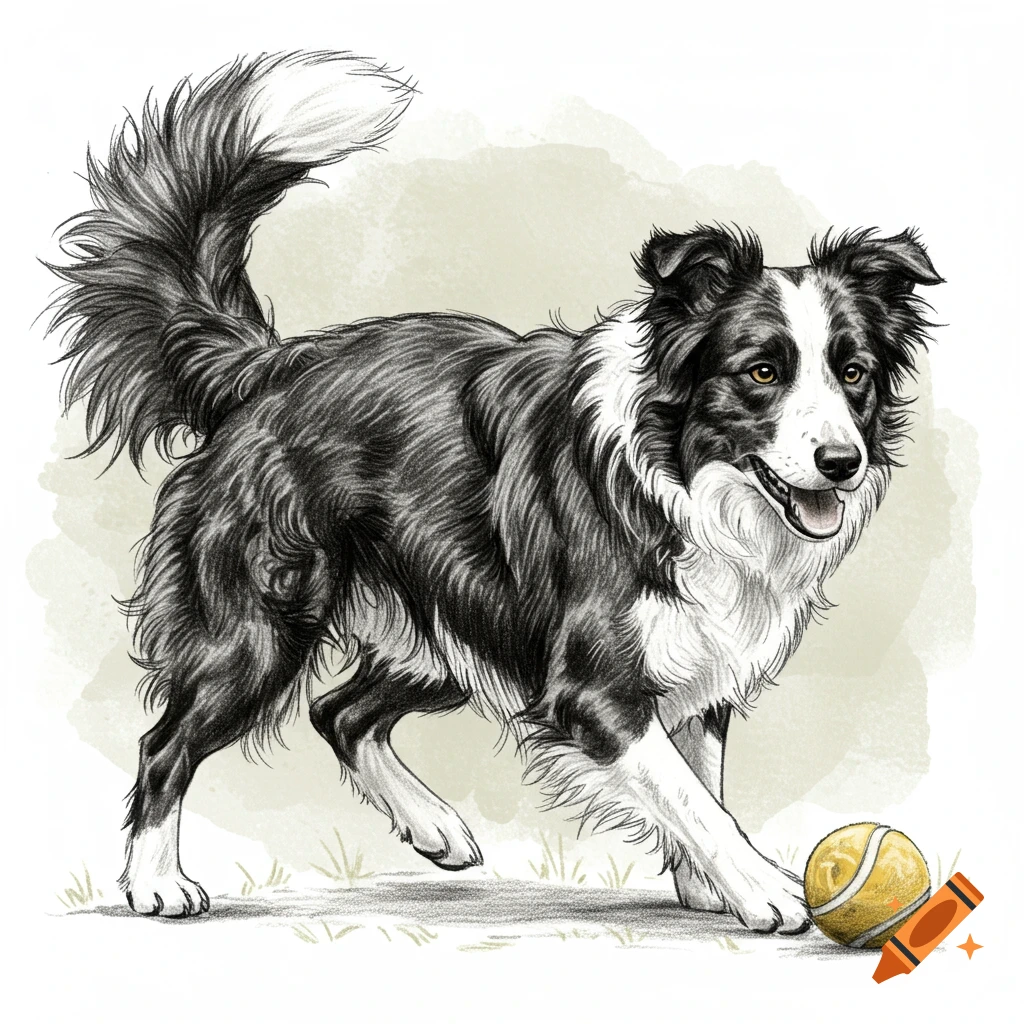 A black and white Border Collie dog with a tennis ball in a sketch ...