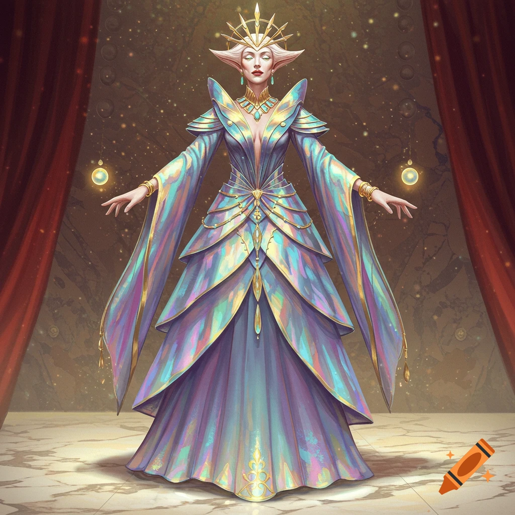 Full shot of a fantasy queen in a layered iridescent dress and ...