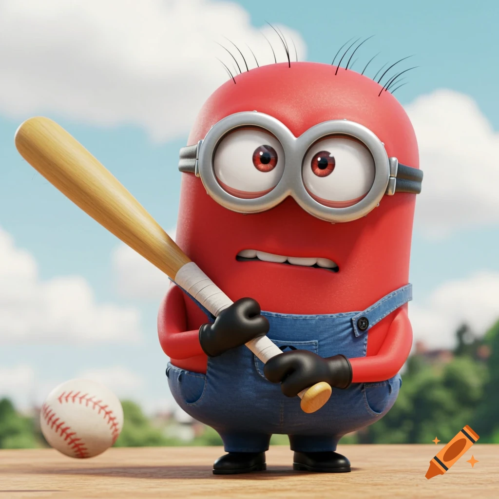 A red Minion in overalls holds a baseball bat, ready to hit a baseball ...