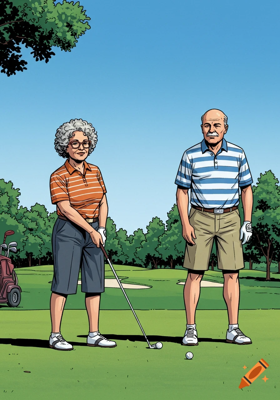 Comic style illustration of two older people, a man and a woman ...