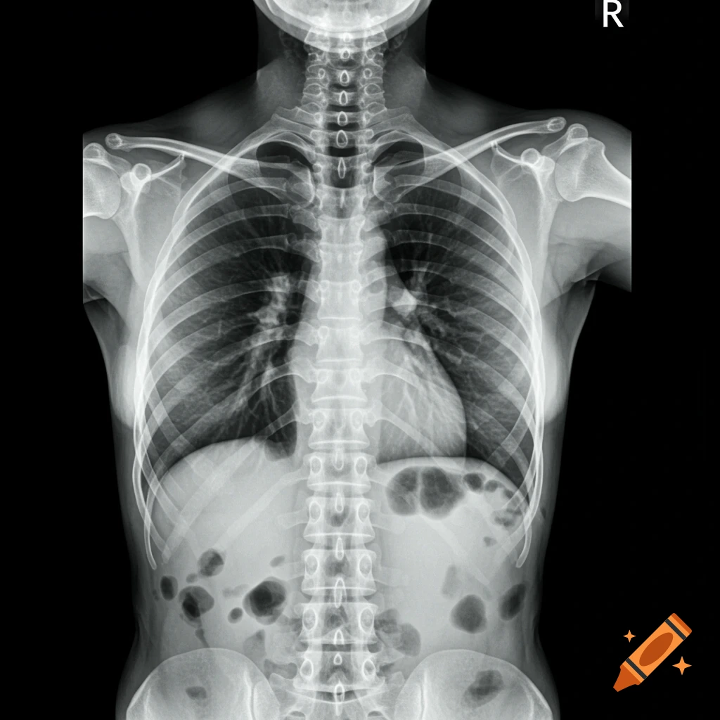 A grayscale X-ray image of a human chest and upper abdomen. on Craiyon