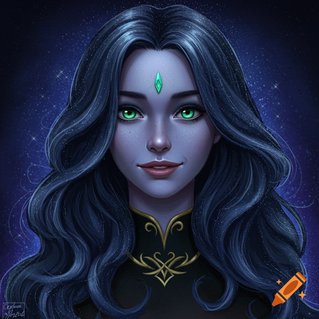 A woman with long, midnight blue hair with silver strands and emerald ...