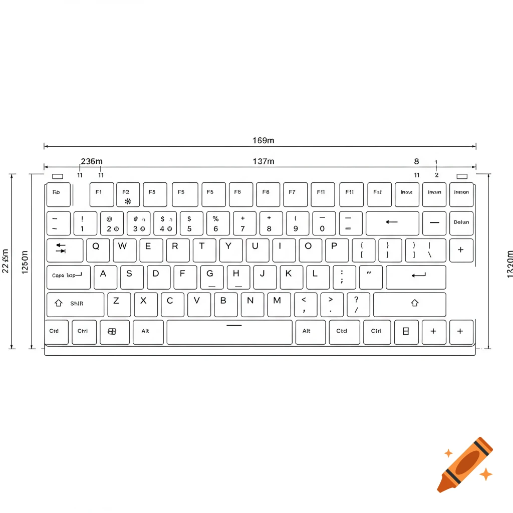 Detailed technical diagram of a keyboard with measurements in mm on Craiyon