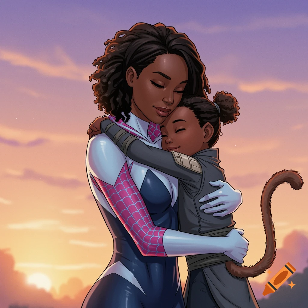 Black woman in Spider-Gwen costume hugging daughter in ninja costume on Craiyon
