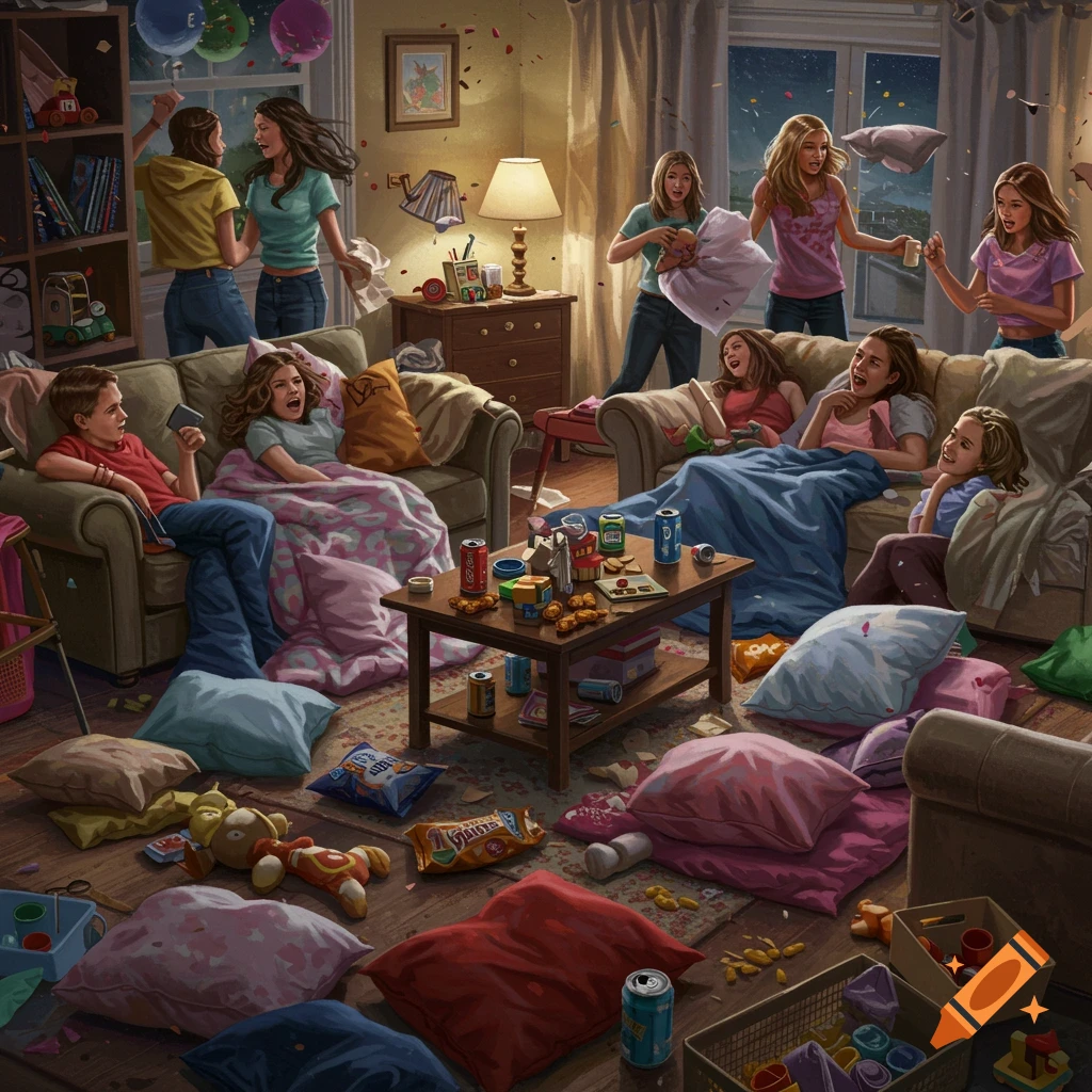 Kids sleepover party out of control on Craiyon