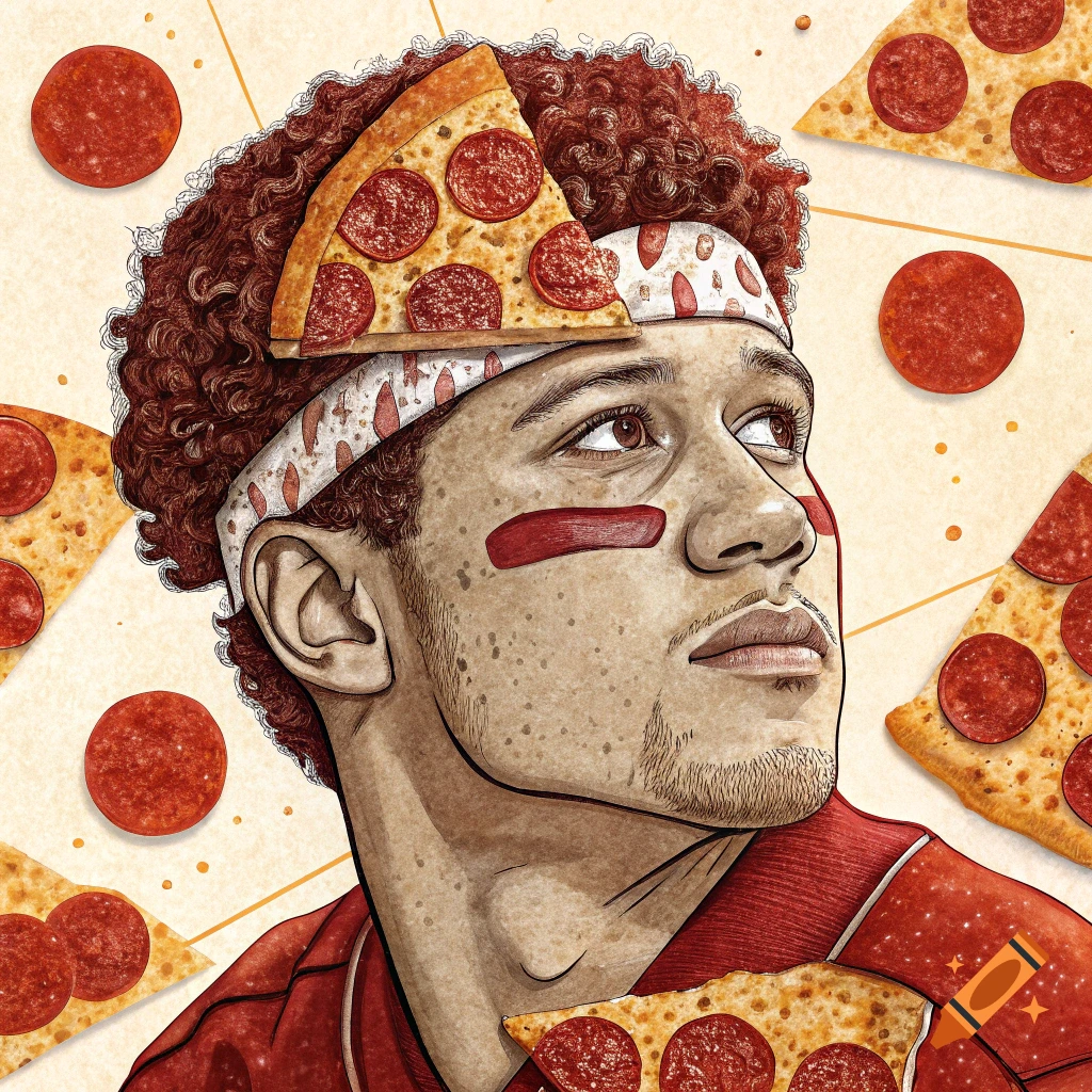 Watercolor illustration of Patrick Mahomes with pizza slices covering ...