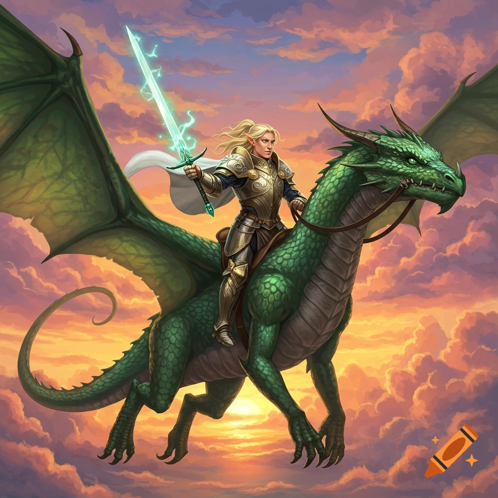 Blond elven knight riding a dragon wielding a magical long sword on Craiyon