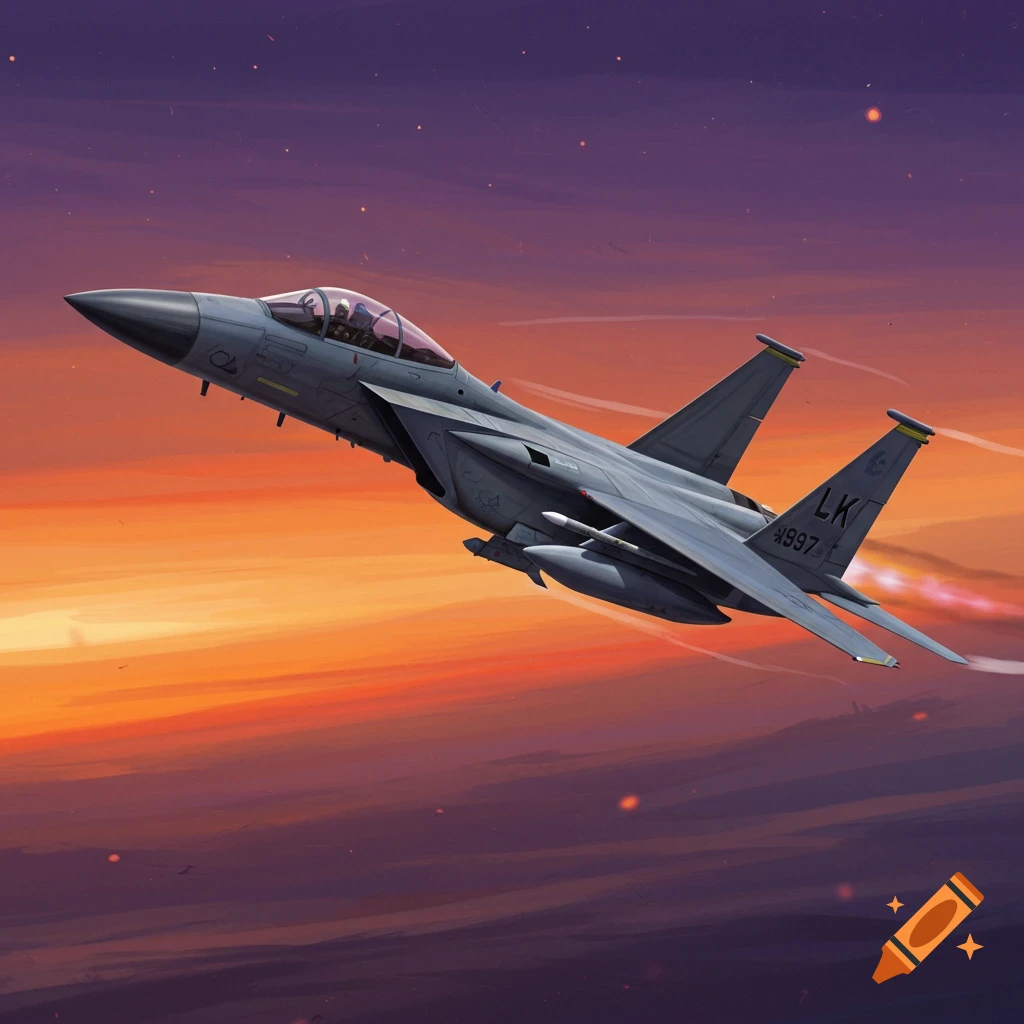 A fighter jet flying into a colorful sunset over mountains. on Craiyon