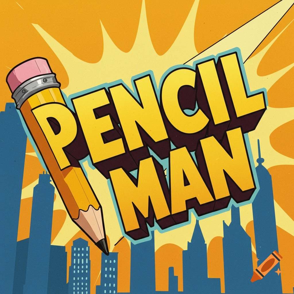 Title card illustration with the text 'PENCIL MAN' and a large pencil ...