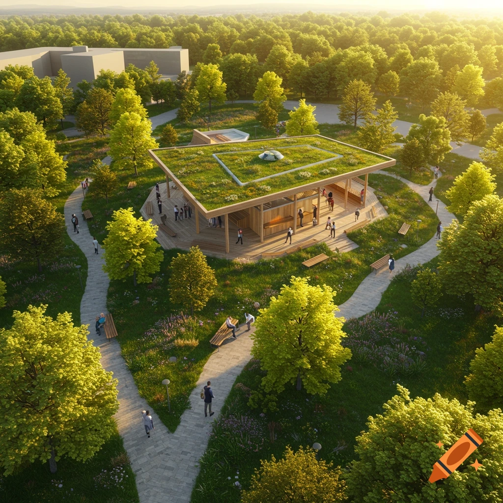 Architectural visualization of a modern eco-friendly park with a green ...