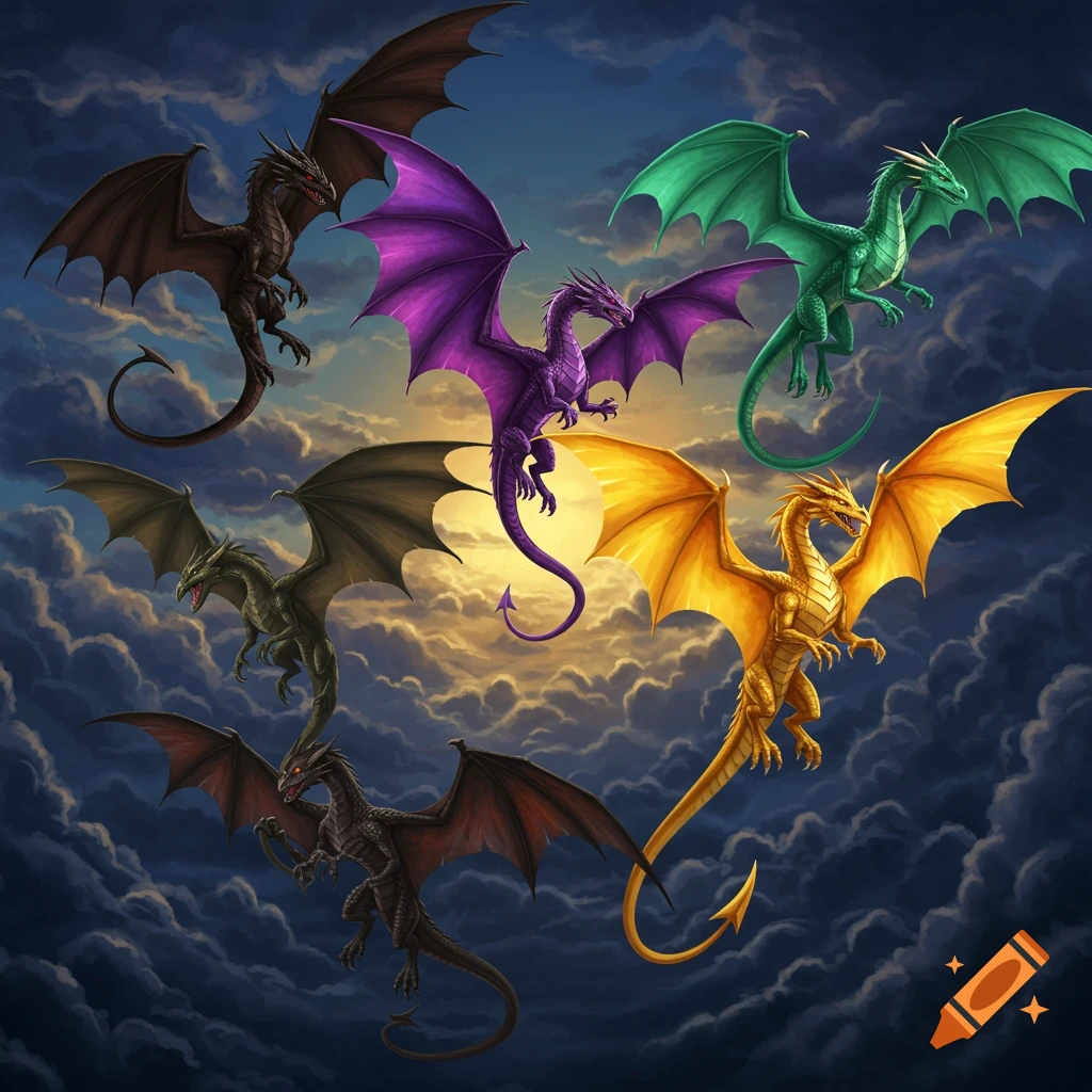 Several colorful dragons fly through a cloudy sky with a bright moon ...