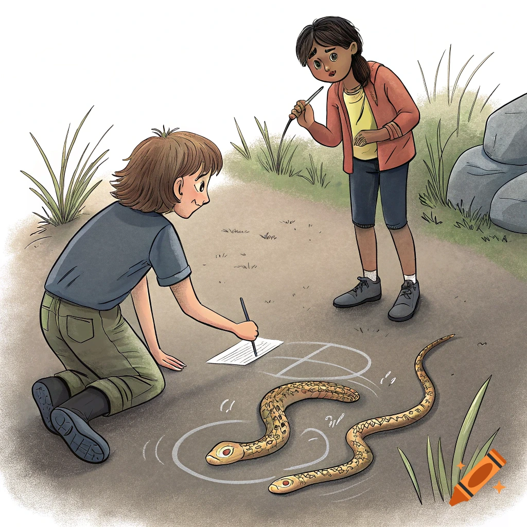 Illustration of two children outdoors, one drawing a snake on the ...