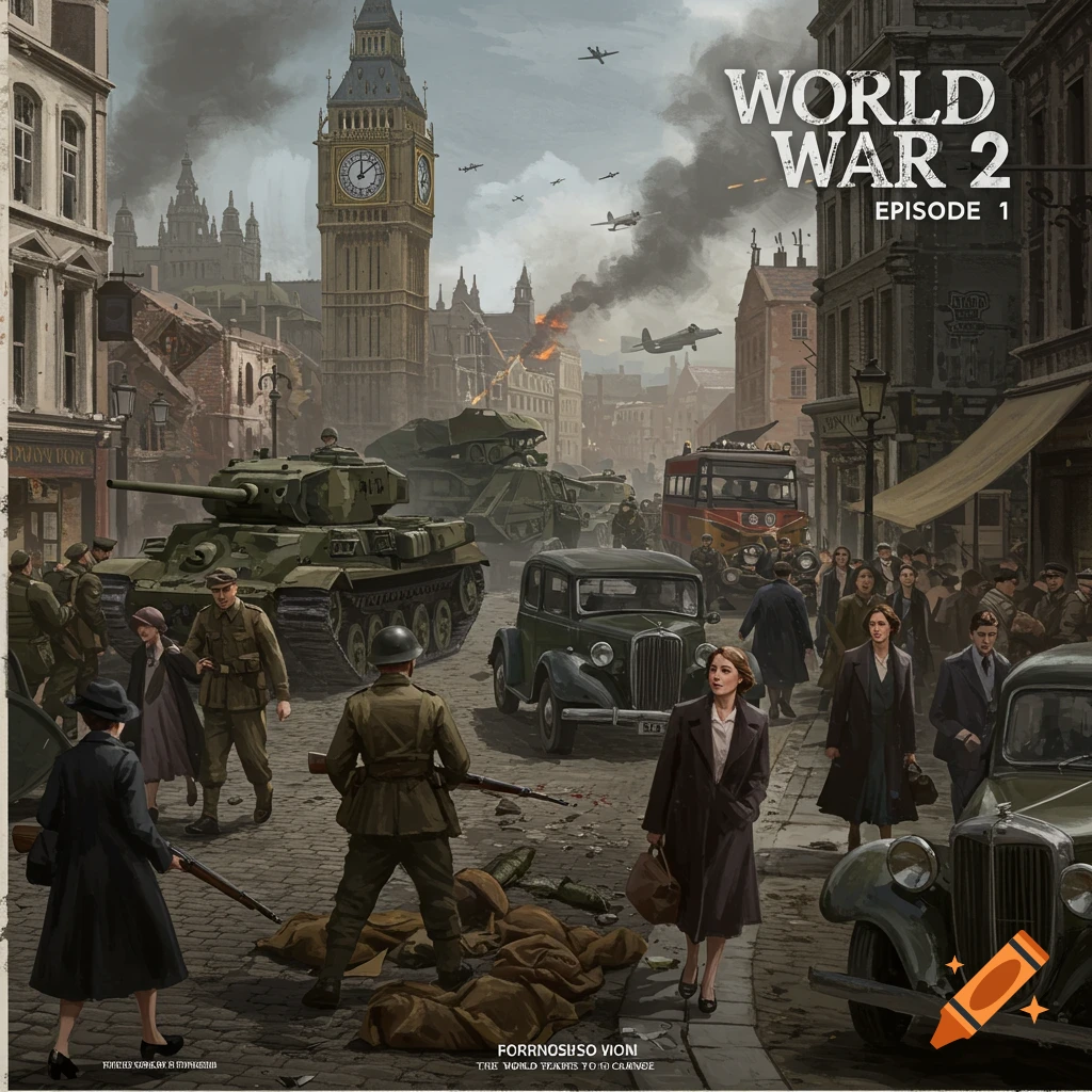 World War 2 street scene in London with tanks, soldiers, civilians, and ...