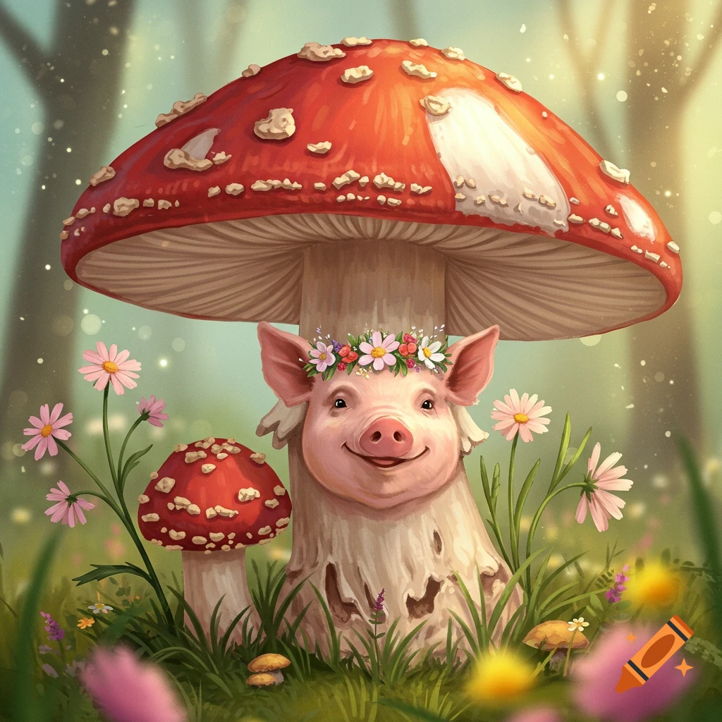 Cute pig head on a mushroom surrounded by flowers in a forest. on Craiyon