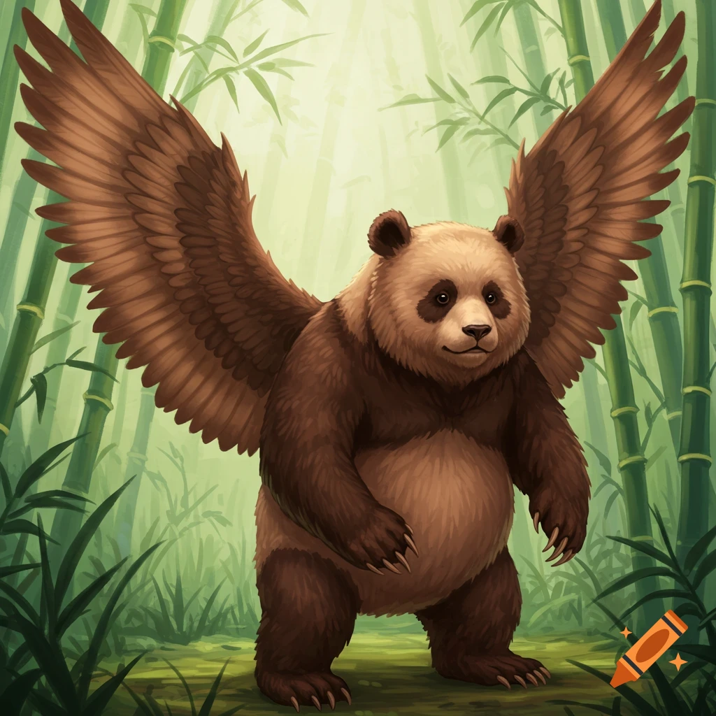 A brown-ish panda with large wings standing in a bamboo forest. on Craiyon