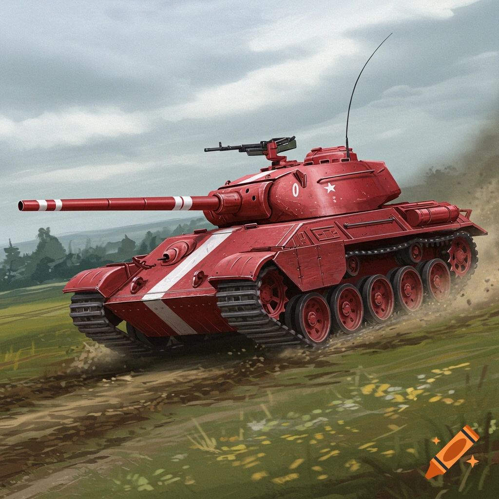 A red tank with white stripes drives through a grassy field under a ...