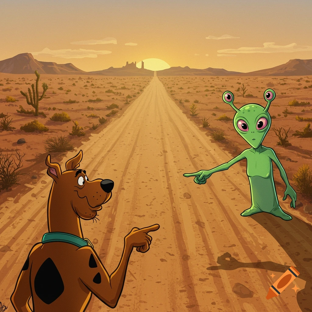 Scooby-Doo and alien point at each other on a desert road at sunset. on ...