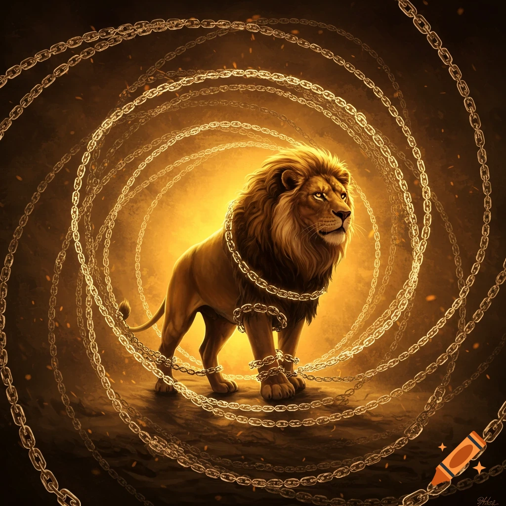 A digital painting of a majestic lion standing among swirling golden ...