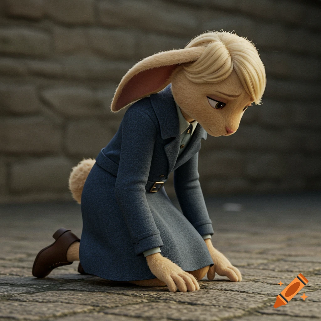 3D anthropomorphic rabbit in blue coat kneeling sadly on stone ground ...