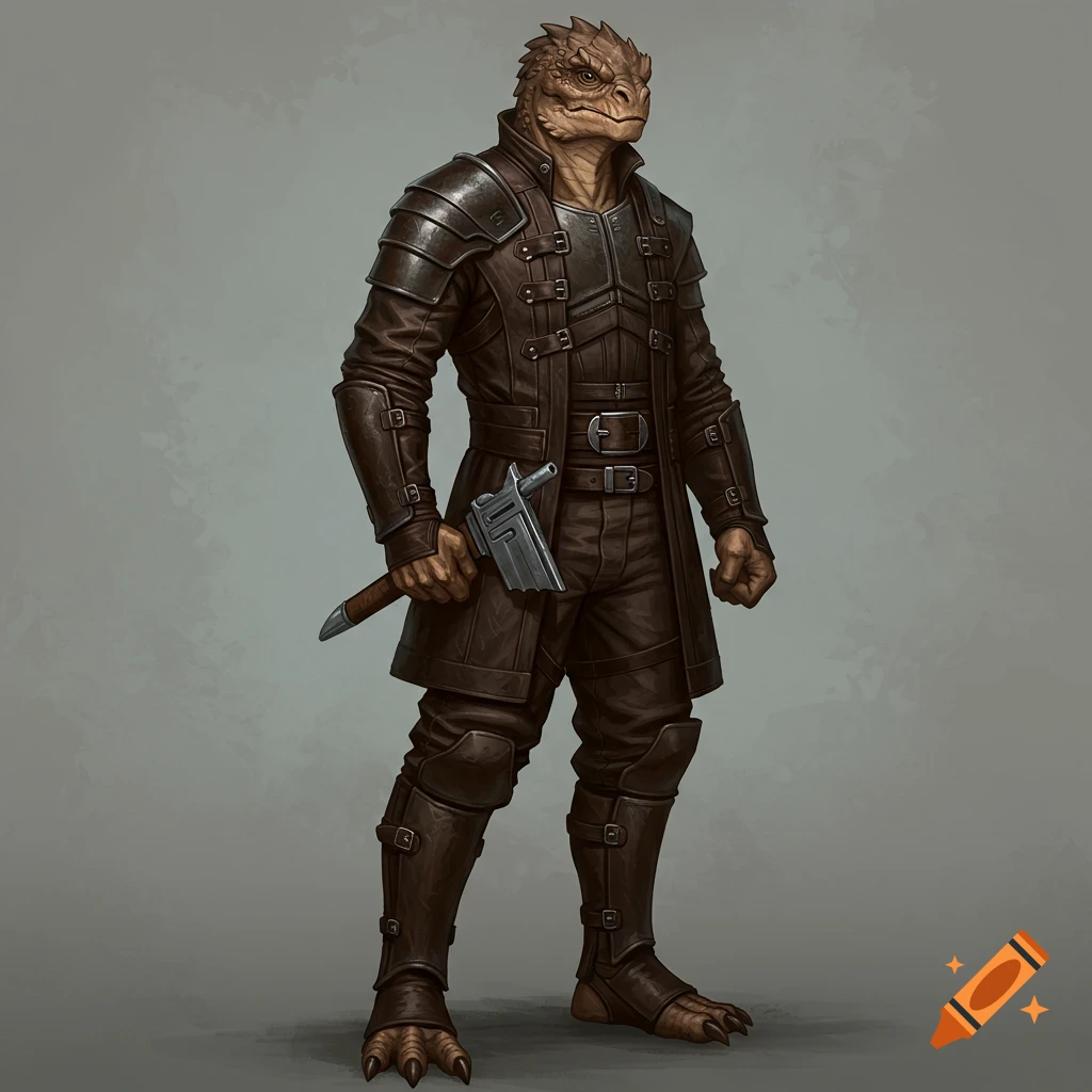 Reptilian humanoid warrior in leather armor on Craiyon