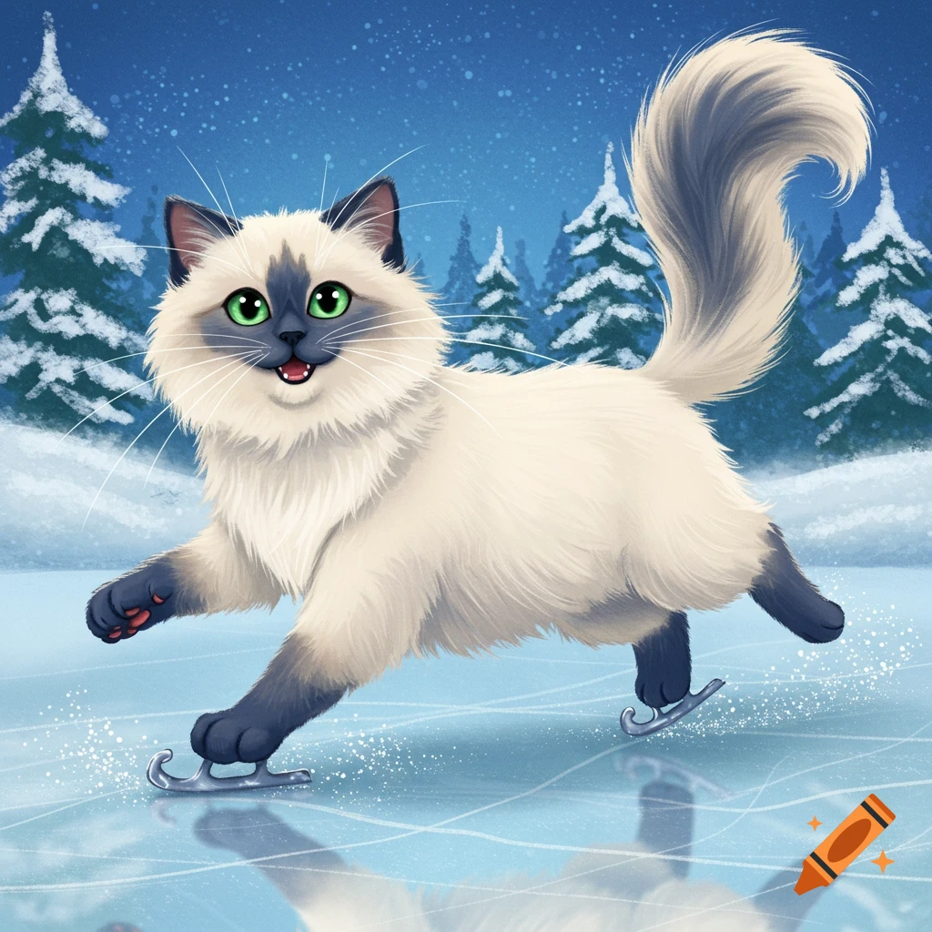 Three happy cartoon cats play hockey on an outdoor ice rink during a ...