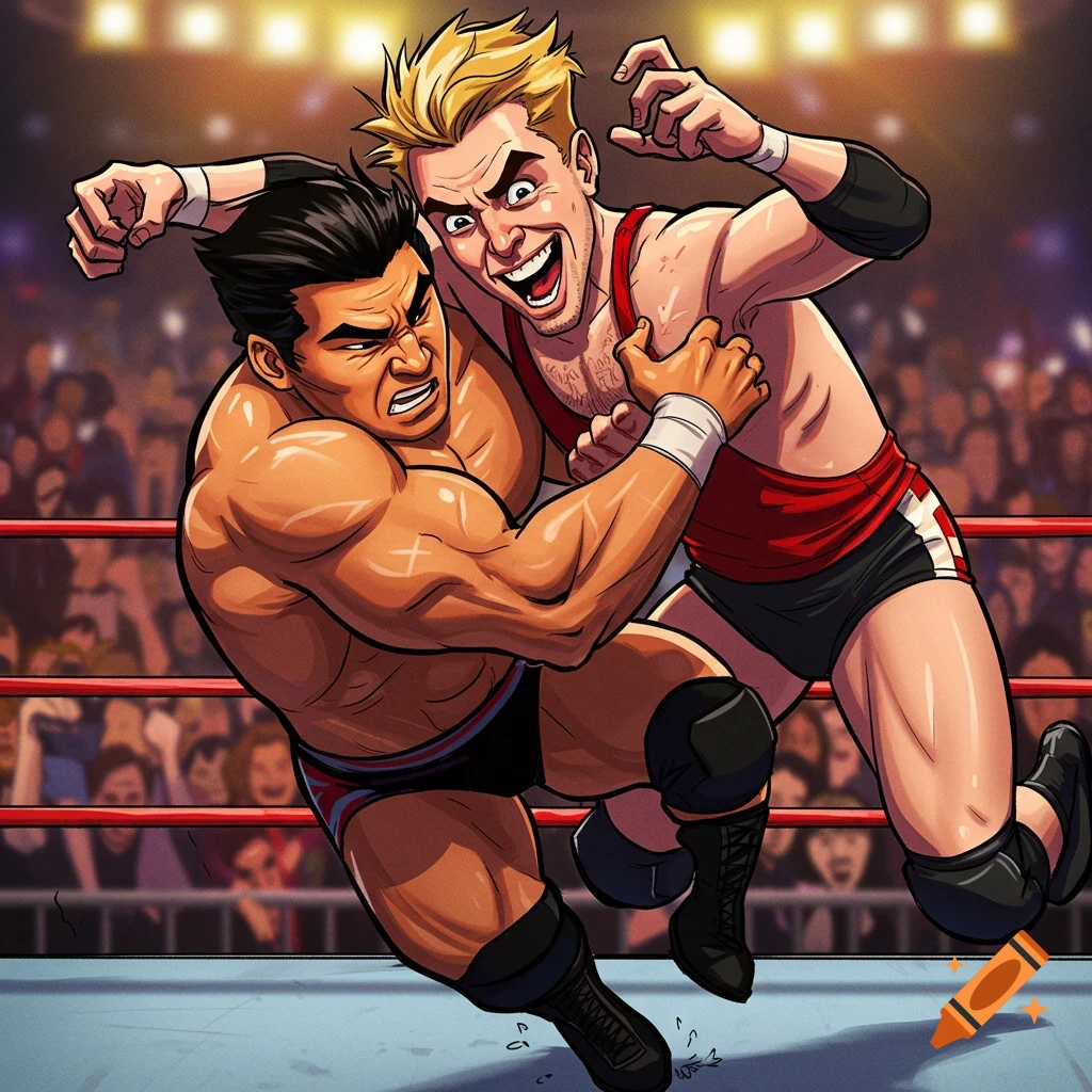 Markiplier boxing Freddy Fazbear in a ring with an audience. on Craiyon