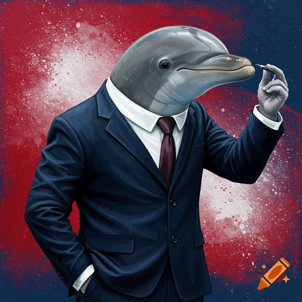 Dolphin in a business suit, red white and blue colors on Craiyon