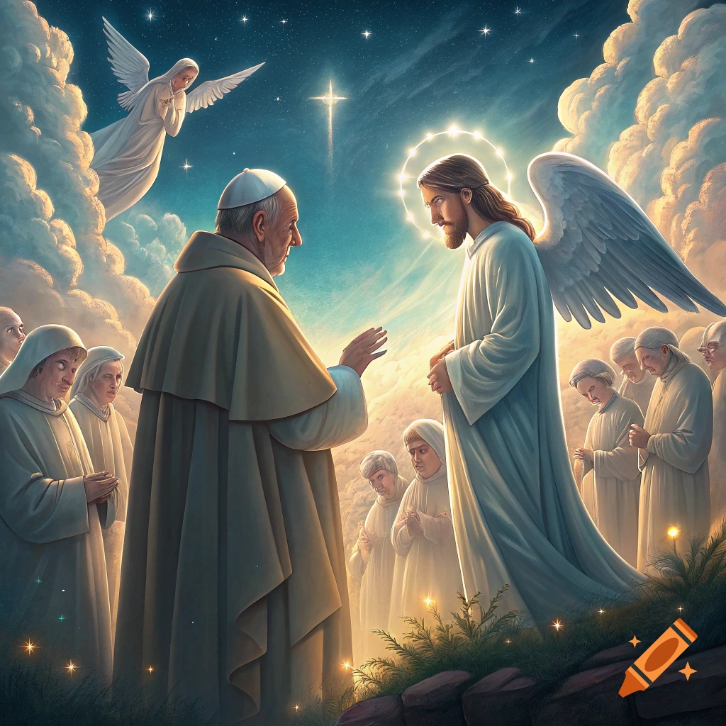 Pope Francis and Jesus meet in a heavenly sky, surrounded by angels and ...