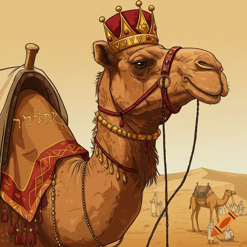 Cartoon illustration of a camel with a decorated saddle standing in a ...