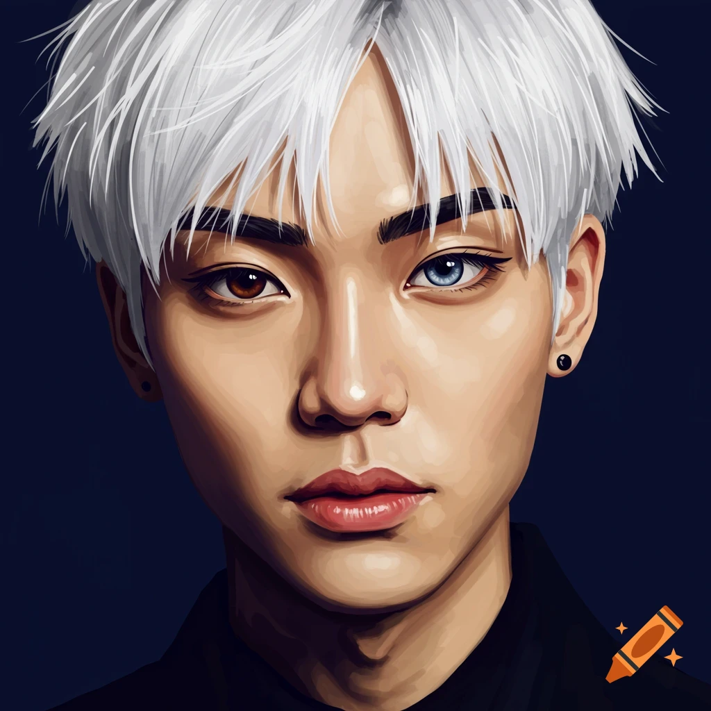 A person with white hair and heterochromia on Craiyon